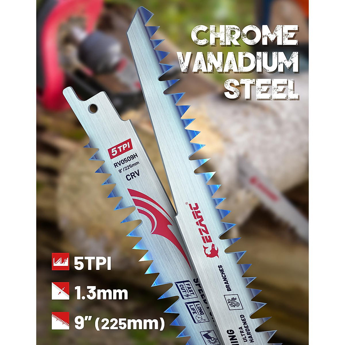 EZARC Wood Pruning Reciprocating Saw Blade 9 Inch, Fleam Ground Teeth Pruning Saw Blades for Tree Trimming, Wood/Wet Wood Cutting, 5 Pieces