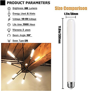 T10 LED Light Bulb 11.8inch E26 Base Matt Opal Porcelain Warm White 2700K Dimmable Edison 6W Led Tubular Bulb,500LM,60 Watt Equivalent,Outside Frosted Glass,for Cabinet Display Cabinet etc,4 Pack.