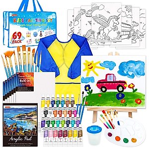 69 Pack Kids Paint Set, Shuttle Art Art Set for Kids with 30 Colors Acrylic Paint, Wood Easel, Canvas, Painting Pad, Brushes, Palette and Smock, Complete Paint Set for Boys and Girls(package may very)