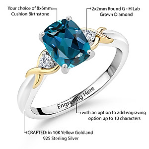 Gem Stone King 925 Silver and 10K Yellow Gold 8X6MM Cushion Cut Gemstone Birthstone and 2MM White Lab Grown Diamond 3-Stone Engagement Ring | Wedding Anniversary Promise Ring For Women