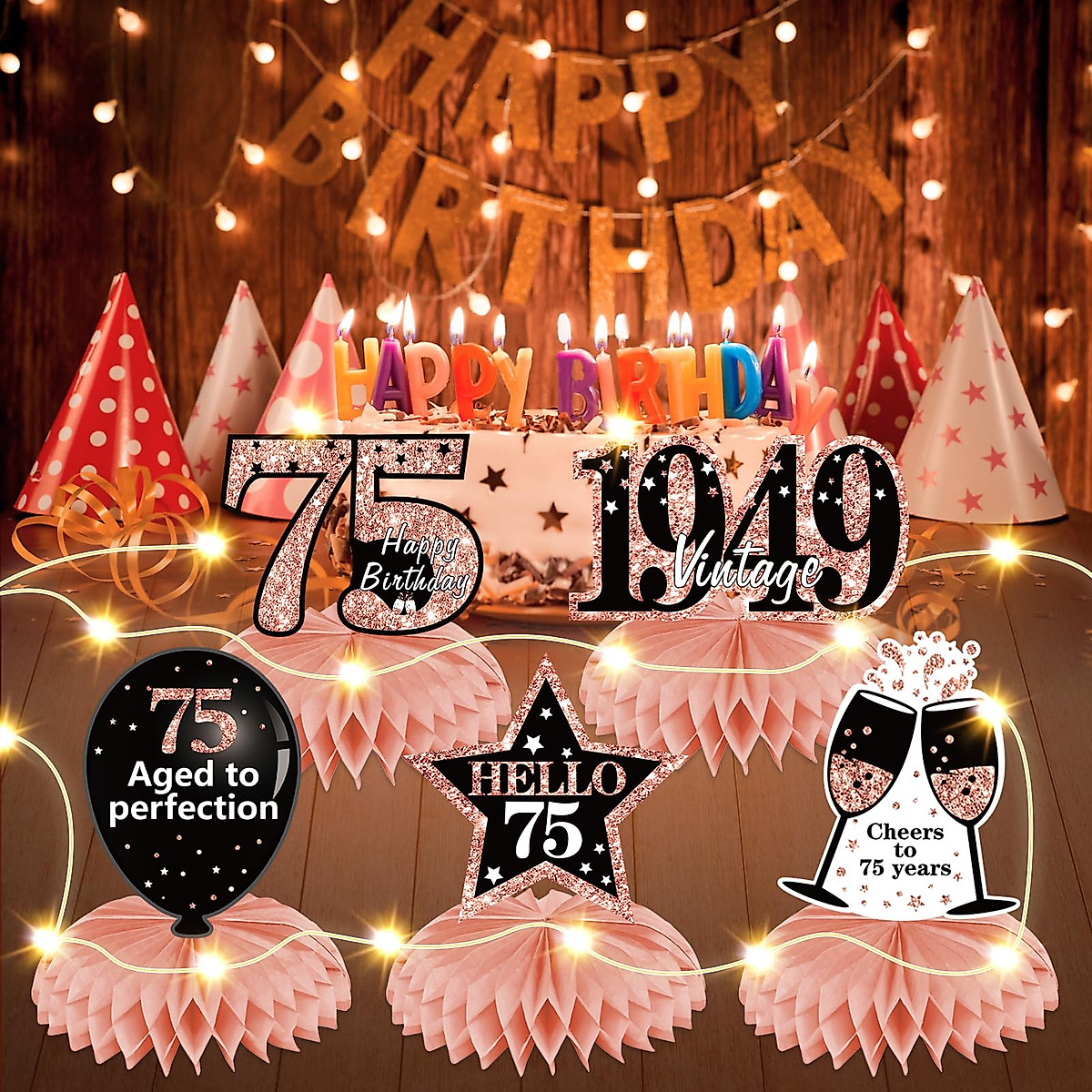 Bumqviy 9Pcs 75th Birthday Honeycomb Centerpieces Decorations with String Lights for Women, Rose Gold Pink Happy 75 Birthday Table Party Supplies, Vintage 1949 Aged to Perfection Birthday Table Sign