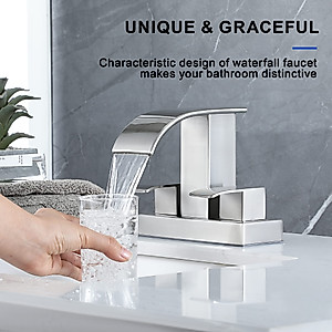Waterfall Bathroom Sink Faucet - 2 Handle 4 Inch Centerset Faucet for Lavatory Bathroom Sink, with cUPC Faucet Supply Line Hoses for Bathroom Restroom Vanity Lavatory, Brushed Nickel