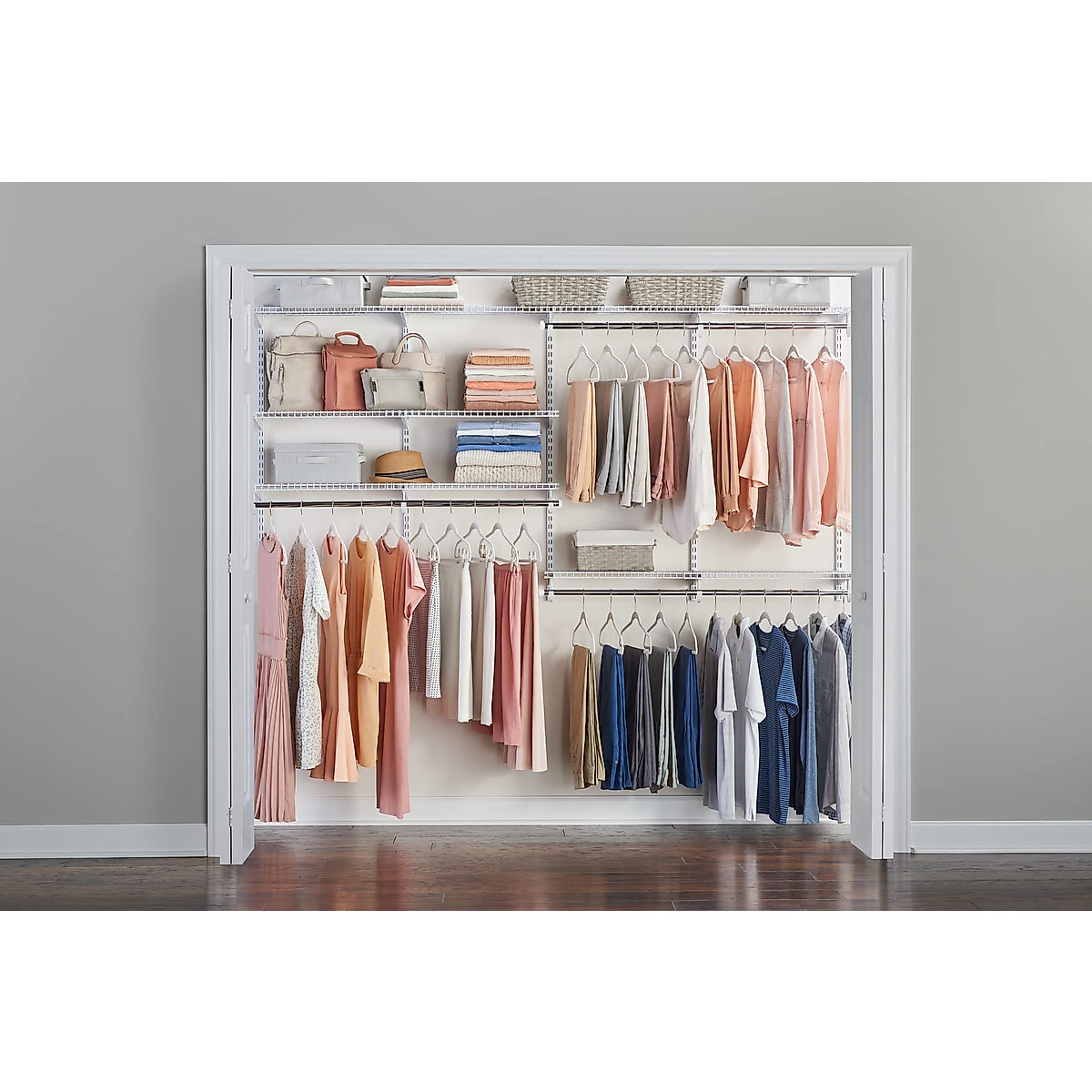 Rubbermaid Configurations Deluxe Closet Kit, White, 4-8 Ft., Wire Shelving Kit with Expandable Shelving and Telescoping Rods, Custom Closet Organization System, Easy Installation