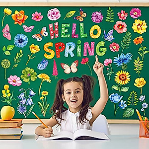 72 Pcs Cute Cutouts Hello Spring Cut Outs with 96 Pcs Glue Points Spring Bulletin Board Set Floral Plants Spring Cutouts Spring Decorations for Classroom School Game Party Bulletin Board Supplies