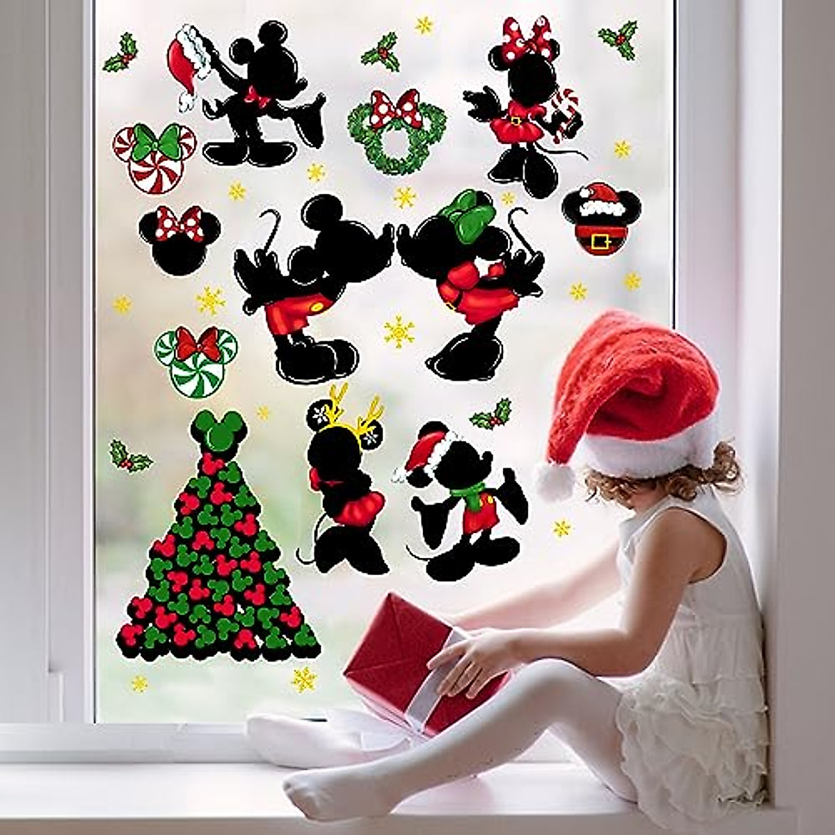 Yovkky 88 PCS Merry Christmas Window Clings, 2024 New Year Christmas Mouse Xmas Tree Green Red Stickers Decals Decor, Peppermint Candy Wreath Winter Snowflakes Holiday Party Home Kitchen Decorations