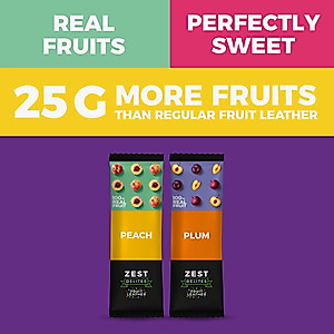Fruit Snacks by Zest Delites, Fruit Leather, Healthy Snacks for Adults, Dried Fruit Bars, Gluten Free Fruit Strips, Vegan Healthy Snacks, Fruit Strips, Peach, Plum, 0.88 oz x 10