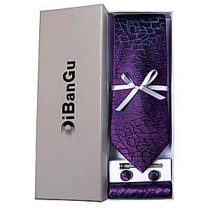DiBanGu Plaid Ties for Men Silk Checkered Necktie and Pocket Square Cufflinks Tie Clip Set with Gift Box for Wedding Business, Purple and Black