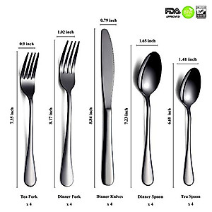 Black Flatware Set 20 Piece Service for 4, Black Titanium Plated Stainless Steel Silverware set Service for 4 (Shiny, Black)