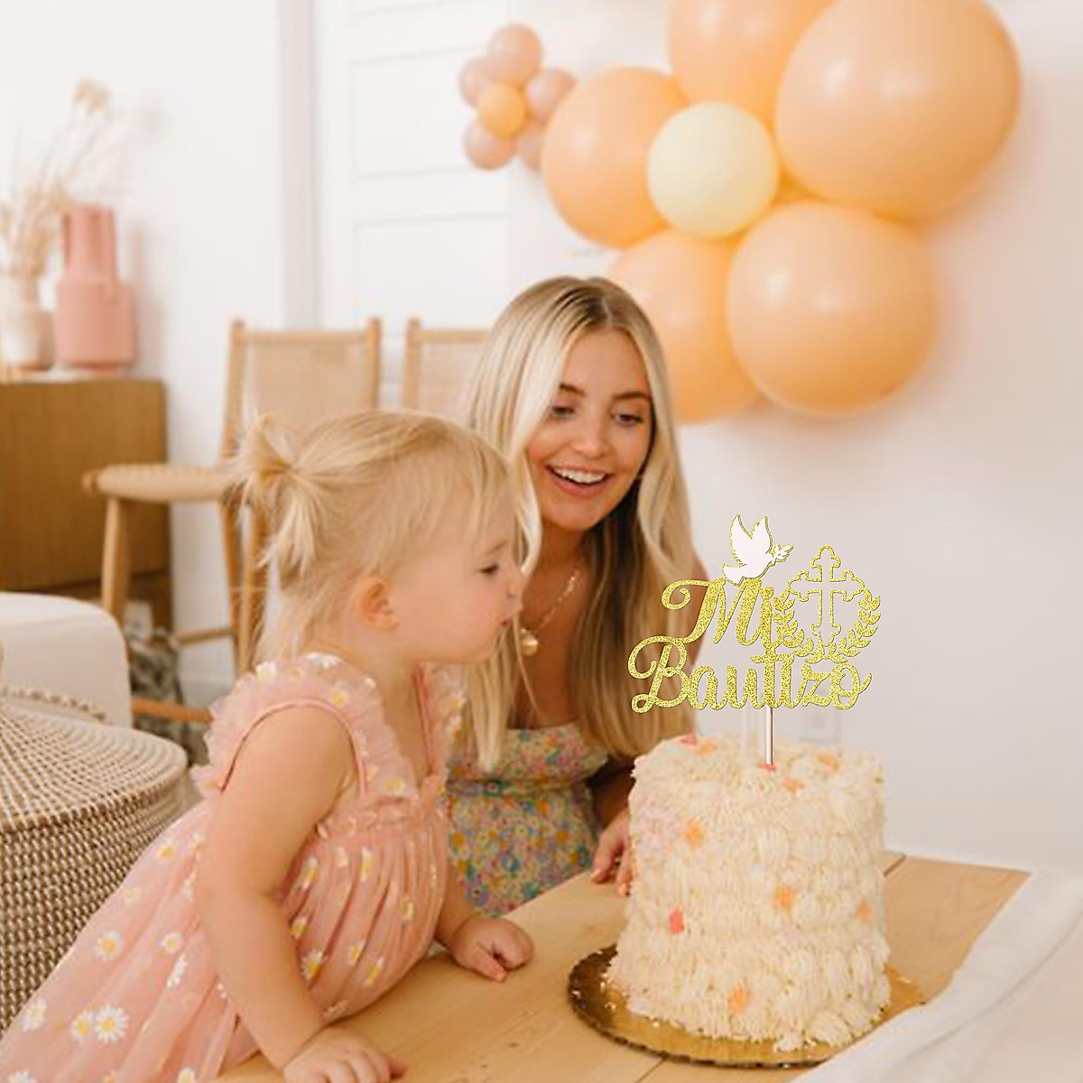 1 Pack Spanish Mi Bautizo Cake Topper Glitter Cross First Holy Communion Baptism Cake Pick Religious God Bless Baptism Cake Decoration for Baby Shower Birthday Party Supplies Gold