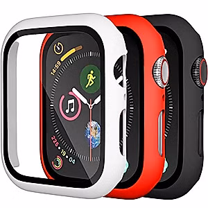 Charlam Compatible with Apple Watch Case 44mm iWatch SE Series 6 5 4 with Screen Protector, Slim Guard Thin Bumper Full Coverage Hard Cover Defense Edge for Women Men, Black White Red, 3 Pack