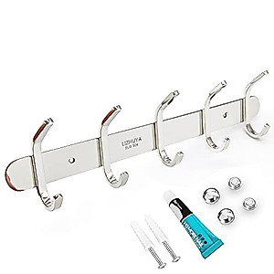 LIZHUYA Coat Hook Wall Mount Adhesive Coat Rack Easy Installation for Bedroom Bathroom Foyer Hallway for Coats Pots Towels Coat Hat Towel Robes Heavy Duty Stainless Steel with 5 Hooks (J-5HOOKS)