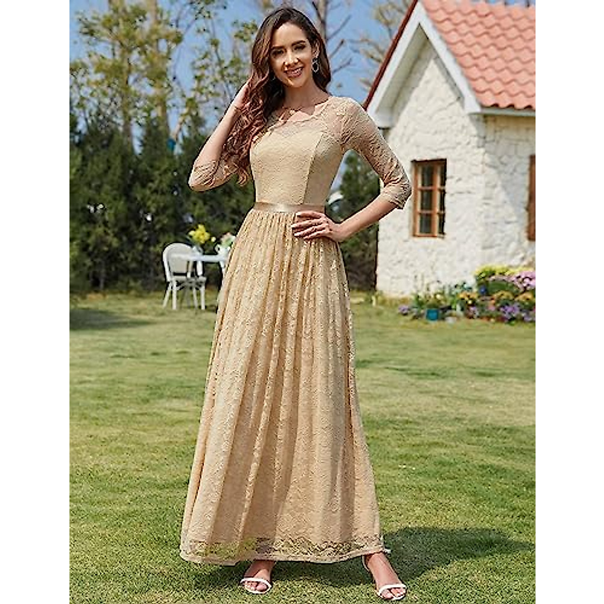 Wedtrend Champagne Bridesmaid Dresses for Wedding Party, Formal Gowns and Evening Party Dress, Floor Length Long Wedding Guest Dress Floral Lace Maxi Christmas Dress with Sleeves WTL20007Champagne3XL