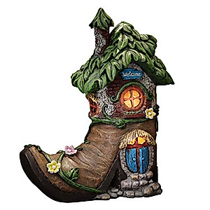 TERESA'S COLLECTIONS Boot Fairy House Garden Statues with Solar Lights, Resin Fairy Garden Accessories Outdoor Cottage Figurines Green Lawn Ornaments Decor for Outside Patio Yard Decorations, 8.5"