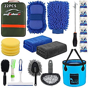 AUTODECO 22Pcs Car Wash Cleaning Tools Kit Car Detailing Set with Olive Green Canvas Bag Collapsible Bucket Wash Mitt Sponge Towels Tire Brush Window Scraper Duster Complete Interior Car Care Kit
