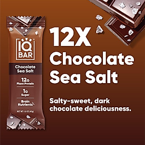 IQBAR Brain and Body Plant Protein Bars - Chocolate Sea Salt - 12-Count Low Carb - Gluten Free, High Fiber, Vegan Snacks - Low Sugar Meal Replacement