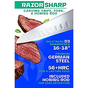 Dalstrong Carving Knife & Meat Fork Set - Gladiator Series Elite - 8" Honing Rod - Forged HC German Steel - 9 inch Carving Knife & Sheath - Hollow Ground Carving Set - Matching Fork - NSF Certified