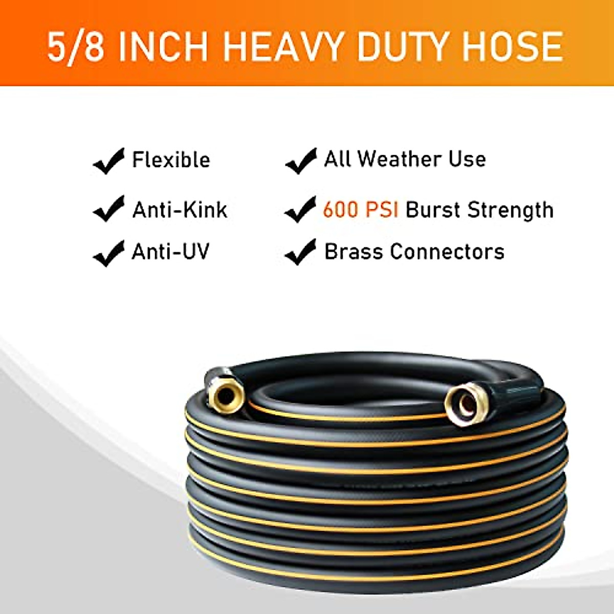 DayisTools Heavy Duty Hybrid Garden Hose 50 ft, Flexible Kink Resistant Water Hose 5/8 IN x 50FT, Lightweight, Super Durable, All-weather, Burst 600 PSI, 3/4 IN GHT Solid Brass Fittings, Black Orange