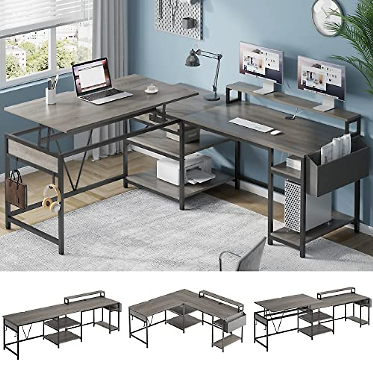 SEDETA L Shaped Desk with Lift Top, 98.4" Computer Desk, Standing Desk Adjustable Height with Storage Shelves, Monitor Stand, and Headphone Hooks for Home Office, Ivory Grey