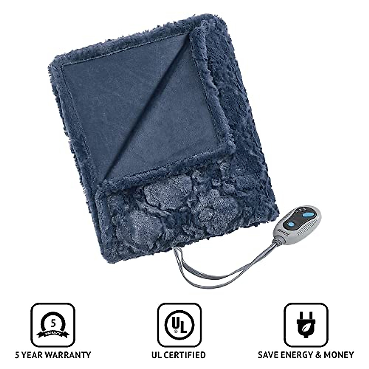 Beautyrest Brushed Long Fur Electric Throw Blanket Ogee Pattern Warm and Soft Heated Wrap with Auto Shutoff, 50 in x 60 in, Sapphire Blue