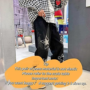 Vintage Men's Korean Denim Pants Y2K Cltohes Streetwear Printed Patchwork Male Baggy Jeans Straight Trousers (Black,2XL,XX-Large)