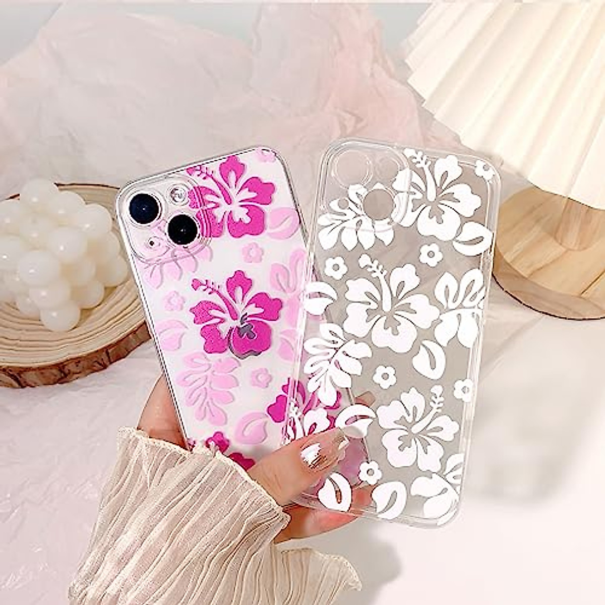 Lovmooful Compatible for iPhone 13 Case Cute Clear Hibiscus Flower Floral Aesthetic Printed Design for Girls Women Soft TPU Shockproof Protective Girly for iPhone 13-White