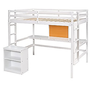 Lifeand Full Size Loft Bed with Desk and Writing Board, Wooden Loft Bed with Desk & 2 Drawers Cabinet,White