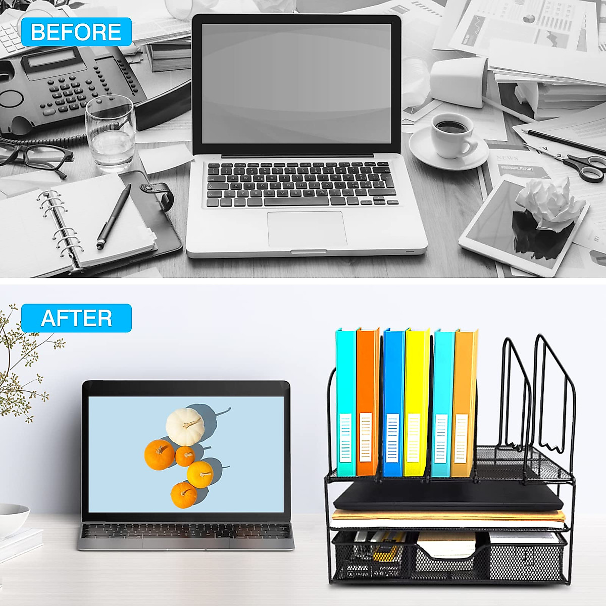 Desk File Organizer with Drawer Anyyuk Office Supplies Organizer with Double Tray and 5 Upright File Folder Holders Sections Desktop Organizer for Workspace Home Office School, Black