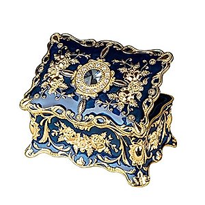 Feyarl Vintage Two Layers Rectangle Trinket Jewelry Box Ornate Ring Earrings Treasure Case Keepsake Box Organizer for Birthday Woman Girl Gift (Blue) 7.1 x 4.7 x 3.1 inches