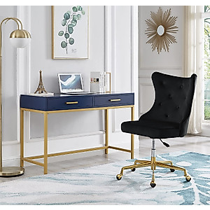 24KF Upholstered Tufted Button Velvet Office Chair with Golden Metal Base,Adjustable Height Swivel Office Chair -Black