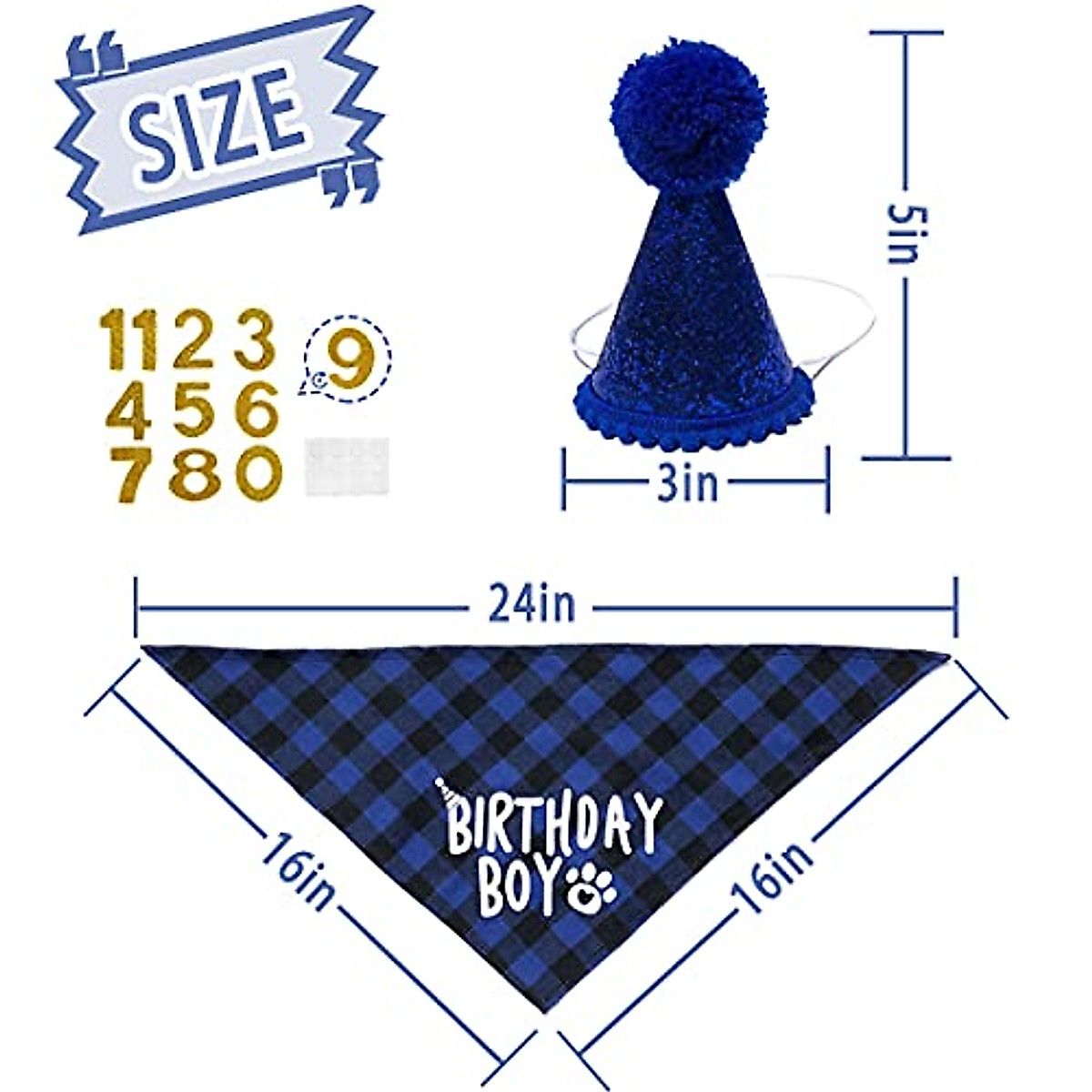Dog Birthday Party Supplies, Boy Dog Birthday Bandana Scarf and Dog Birthday Hat with Number.