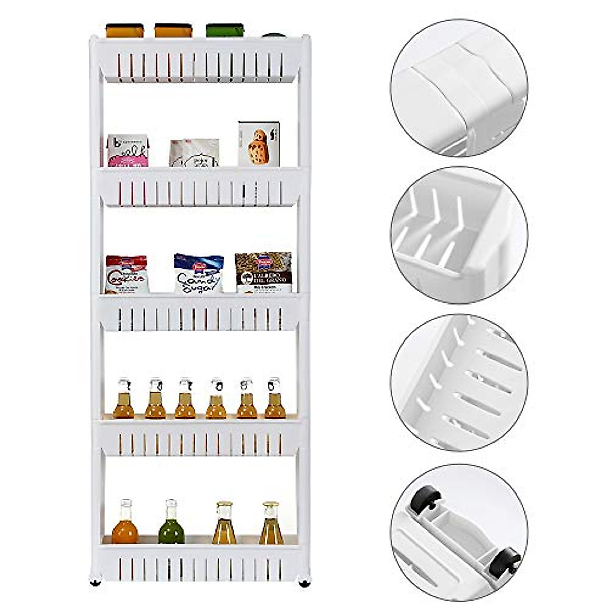 5.1in Slim Rolling Storage Cart on Wheels Narrow Plastic Shelf Unit Movable 5-Tier Thin Storage Utility Cart Rack for Bathroom, Bedroom, Office, Kitchen, Living Room (White, 5-Tier)