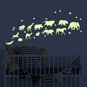 BENBO Animals Glow in Dark Wall Stickers, Cute Animals Jungle Adventure Horse Elephant Giraffe Camel Stars Peel and Wall Decals for Kids Bedroom Nursery Home Wall Mural Decor
