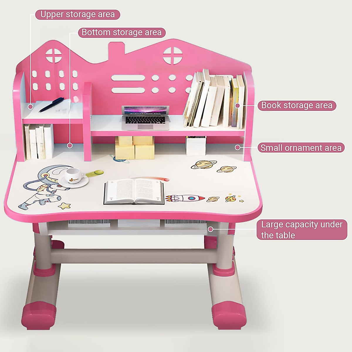 NUZYZ Kids Desk and Chair Set, Adjustable Height Kids Desk with Storage and Drawers Girls Desk Pink Writing Reading Drawing