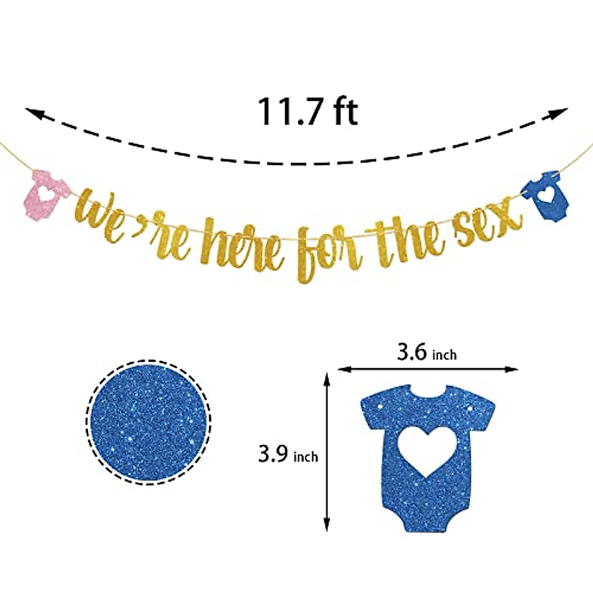 T-minimalist We're Here for The Sex Banner, Funny Baby Gender Reveal Party Decorations, Baby Shower Party Hanging Decors Supplies, Gold Gliter Paper Garland / Cute Baby Clothes Sign Banner 11.7 Feet