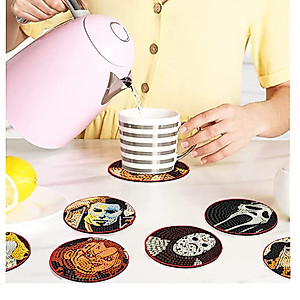 ICECHEN 8 Pcs Diamond Paintings Coasters Kits with Holder, DIY Halloween Coaster Diamond Art Kits,Full Drill Rhinestone Painting Kits for Adults & Kids,Beginners Art Craft Supplies