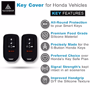 Autobase Silicone Key Fob Cover for Honda Accord Civic CR-V CRV Pilot Passport Insight EX EX-L Touring | Car Accessory | Key Protection Case - 2 Pcs (Black)