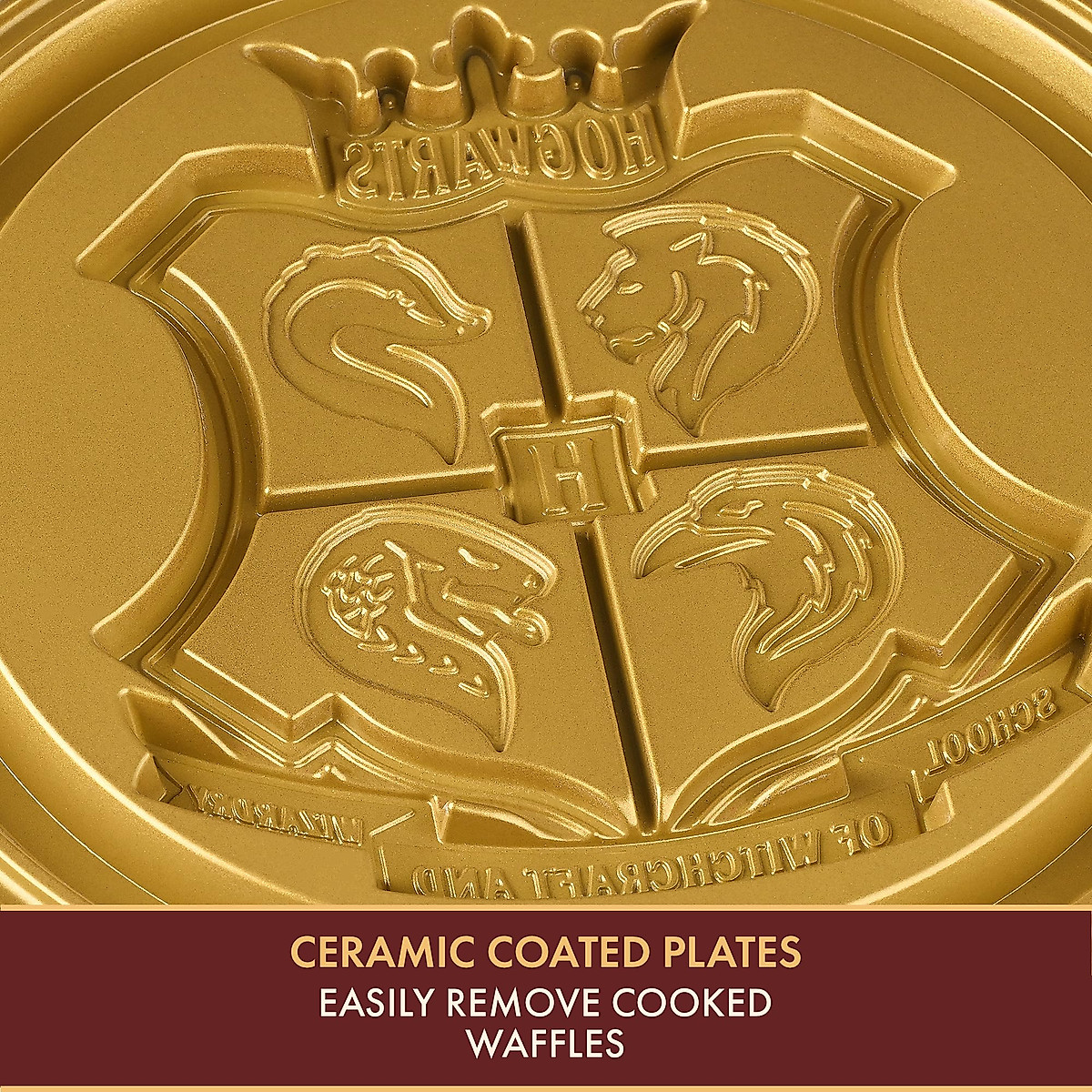 Warner Brothers Harry Potter Round Waffle Maker by Select Brands - Ceramic Coated Cooking Plates - Imprints Hogwarts Crest on Waffles, Black and Gold, WBH-250WM