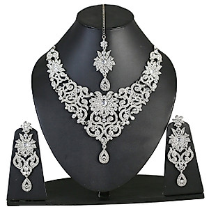 Touchstone Indian Bollywood Traditional Royal Look Attractive Filigree Carving Rhinestone Grand Bridal Designer Jewelry Necklace Set for Women