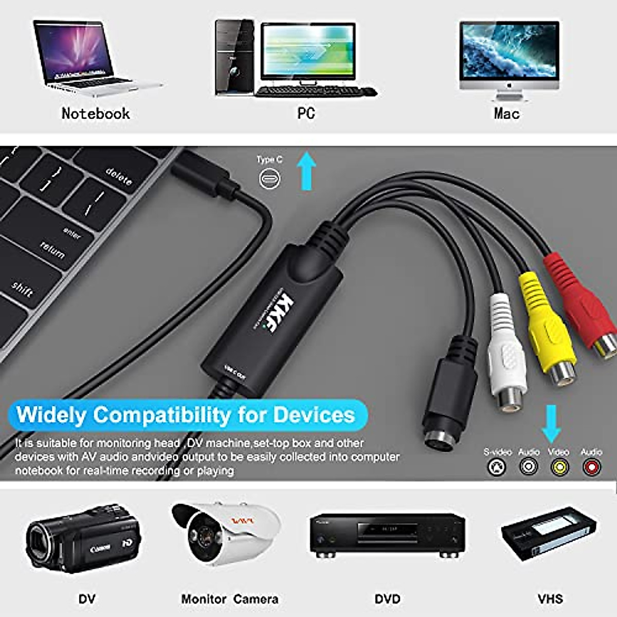 Kkf VHS to USB RCA Converter, Analog to Digital Video, Digital Video for VCR DSLR TV Box DVD Camera PS3 PS4,USB 2.0 Audio Capture Card Transfer Collector (RCA to USB C)