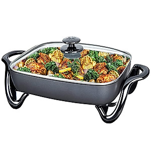 16-Inch Large Electric Skillet Nonstick with Glass Lid, Serves 6 to 8 People (10-Quart), Frying Pan for Roast, Bake,Stew, Adjustable Temperature Control, Black
