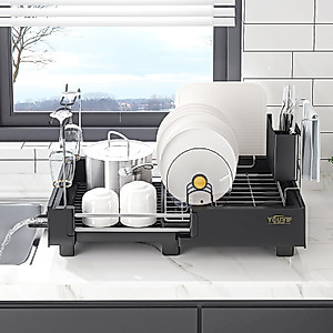 Dish Drying Rack, Large Capacity Kitchen Counter Dish Rack, Auto-Drain Expandable(13.5"-22") Anti-Rust Stainless steels Dish Strainer with Drainboard, Wine Glass Holder and Utensil Holder, Black