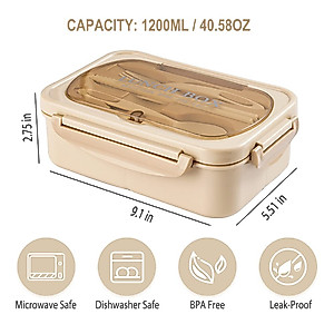 NatraProw Bento Box for Adult, 1200 ML Lunch Containers, LeakProof Lunch Box with Utensils, BPA Free, 3 Compartment Bento Box Microwave Safe, Khaki