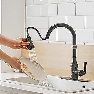 BATHLAVISH Kitchen Faucet Oil Rubbed Bronze, Pull Down Kitchen Faucet Farmhouse with Sprayer, Kitchen Sink Faucet Bronze, Single Hole Single Handle 3 Outlet Mode with 10 Inch Deck Plate Solid Brass