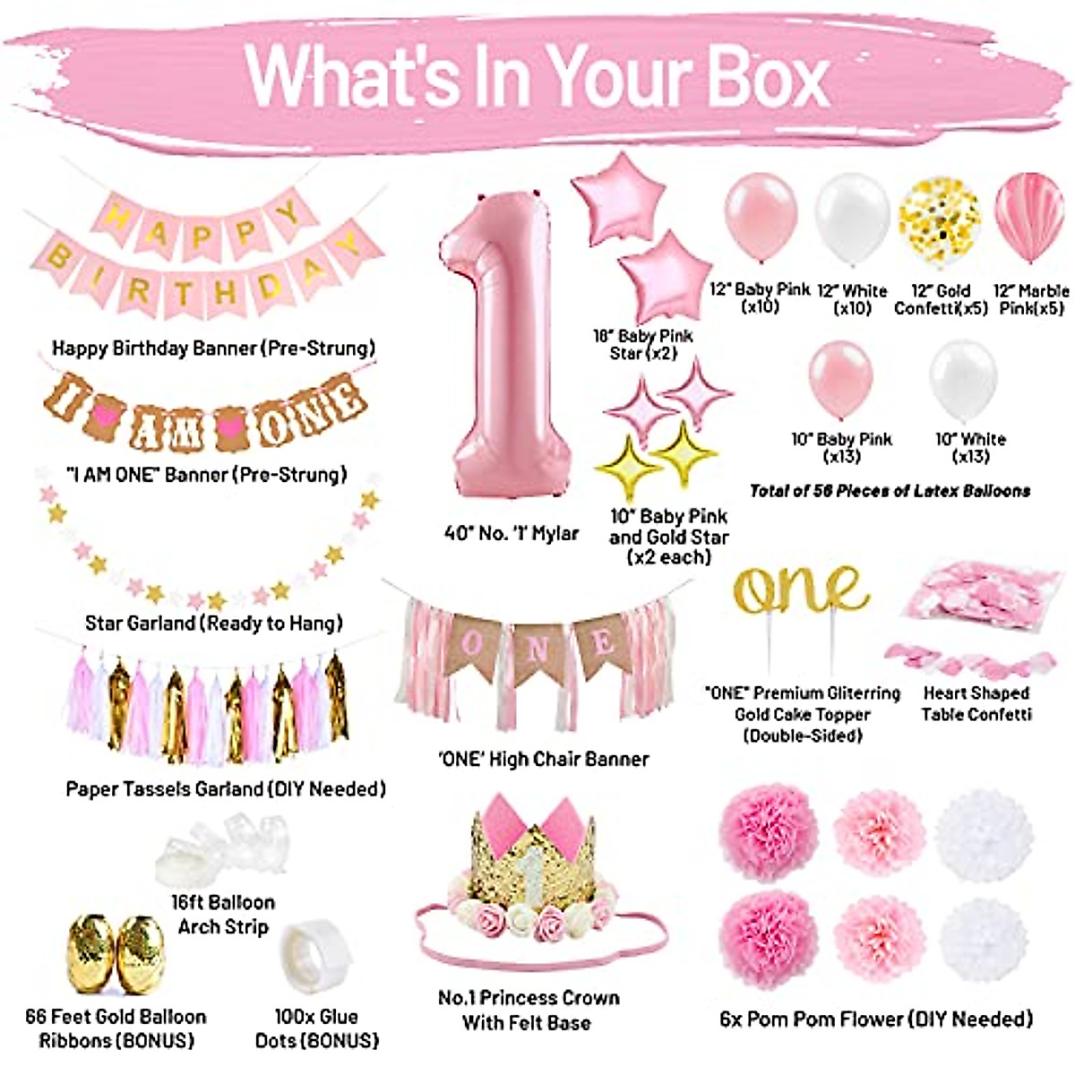 1st Birthday Girl Decorations WITH Birthday Crown- Baby First Birthday Decorations Girl - Pink and Gold Party Supplies - One Balloon, Heart and Confetti Balloons, Happy Birthday Banner ONE Cake Topper