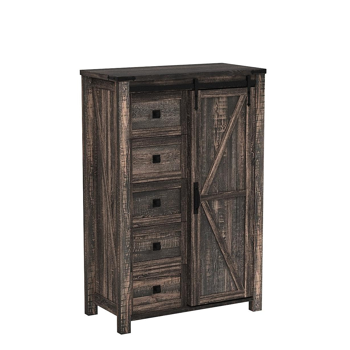 T4TREAM 5 Drawers Dresser for Bedroom w/Sliding Barn Door, Farmhouse Modern Tall Dresser 5 Chest of Drawers, Storage Organizer Dresser for Bedroom, Hallway, Living Room, Kids Room, Dark Rustic Oak