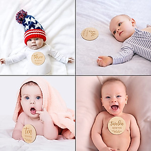 TOYANDONA 14pcs Wooden Baby Monthly Milestone Cards, Double Sided Baby Milestone Discs for Photo Props Baby Shower