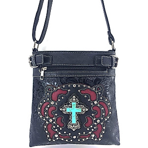Justin West Tooled Turquoise Stone Cross Laser Cut Crossbody Messenger Bag Handbag Purse with Concealed Carry and Phone Slot (Olive)