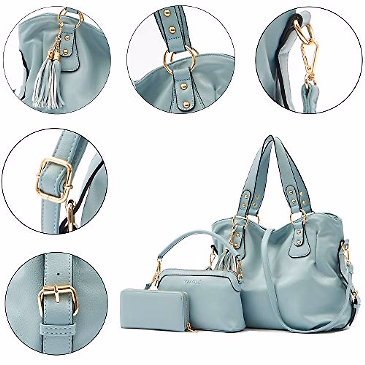 Purse and Wallet set for Women Large Hobo Bags Female Fashion Tote Shoulder Bags Crossbody Wallets Satchel Purse Set 3pcs skyblue