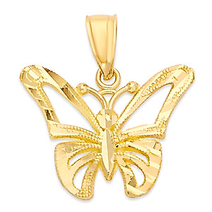 10k Real Solid Gold Butterfly Pendant Necklace Finished with Milgrain and Diamond Cut, Dainty Animal Charms Fashion Jewelry for Women Symbol of Hope (Yellow-Gold, 0)