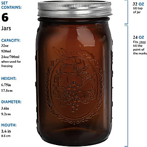 Tebery 6 Pack Amber Wide Mouth Quart Mason Jars, 32Oz Canning Glass Jars with Airtight lids and Bands for Canning, Freezing, Preserving, Beverages & Jar Decor
